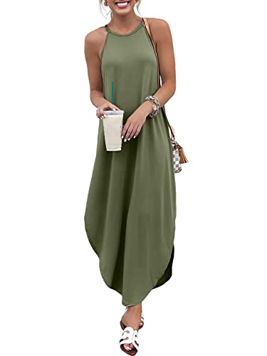 ANRABESS Women's Summer Casual Halter Neck Sundress Sleeveless Split Maxi Long Beach Dress with Pockets 991ganlanlv-M Olive