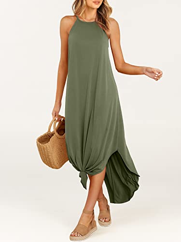 ANRABESS Women's Summer Casual Halter Neck Sundress Sleeveless Split Maxi Long Beach Dress with Pockets 991ganlanlv-M Olive