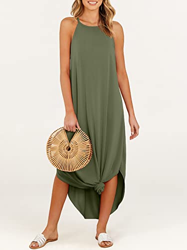 ANRABESS Women's Summer Casual Halter Neck Sundress Sleeveless Split Maxi Long Beach Dress with Pockets 991ganlanlv-M Olive