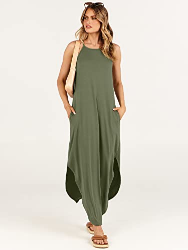 ANRABESS Women's Summer Casual Halter Neck Sundress Sleeveless Split Maxi Long Beach Dress with Pockets 991ganlanlv-M Olive