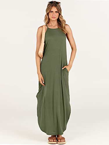 ANRABESS Women's Summer Casual Halter Neck Sundress Sleeveless Split Maxi Long Beach Dress with Pockets 991ganlanlv-M Olive