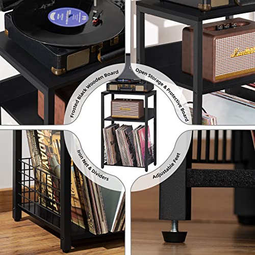 LELELINKY Black End Table, Small Side Table with Metal Frame,Modern Record Player Stand with Storage Shelf, Wood 3 Tier Sofa Bedside Tables, Narrow Nightstand for Living Room Bedroom Office