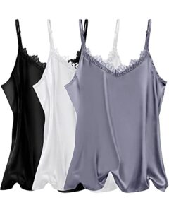 neer 3 pack women's satin tank tops, lace trim silk camisole v neck spaghetti strap top loose sleeveless blouses cami shirt (white, black, gray, xx-large)