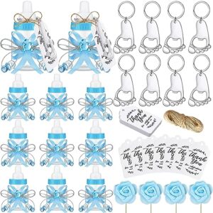 sunnyray 40 pcs baby shower bottle favor 12 pcs mini milk bottles 12 pcs baby footprint keychain bottle opener 12 pcs thanks tags 4 pcs artificial flower for boy girl newborn baptism (blue, silver)