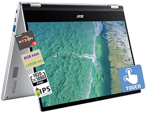 acer 2023 Newest Spin 514 2-in-1 Convertible Chromebook,AMD Ryzen 3 3250C (Up to 3.5GHz),14/'' FHD IPS Touchscreen,8GB RAM,128GB eMMC,WiFi,Backlit Keyboard,12+ Hours,Chrome OS +MarxsolCables,Silver