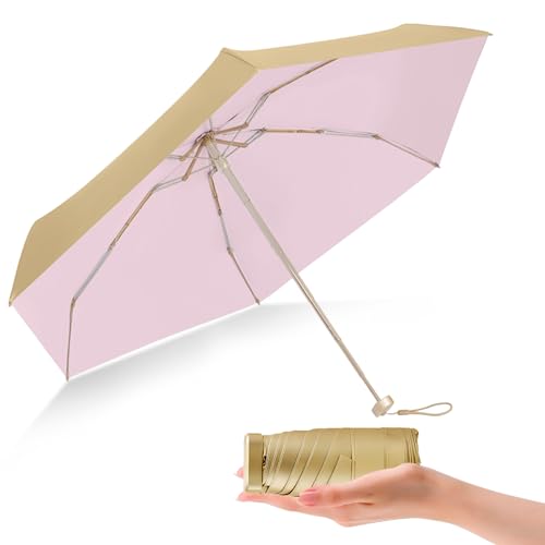 ESUFEIR Mini Travel Sun Umbrella for Purse,Small Compact UV Umbrella UV Blocker,Lightweight Portable Umbrella for Sun and Rain,Cute Parasol Umbrella UV Protection for Women Men Kids (Golden & Pink)