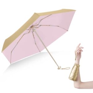 ESUFEIR Mini Travel Sun Umbrella for Purse,Small Compact UV Umbrella UV Blocker,Lightweight Portable Umbrella for Sun and Rain,Cute Parasol Umbrella UV Protection for Women Men Kids (Golden & Pink)