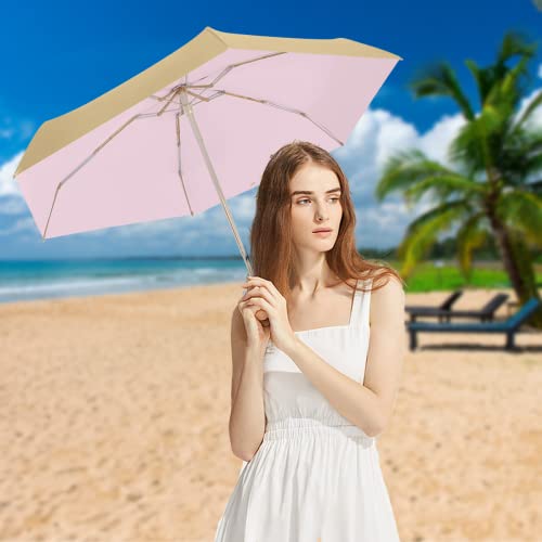 ESUFEIR Mini Travel Sun Umbrella for Purse,Small Compact UV Umbrella UV Blocker,Lightweight Portable Umbrella for Sun and Rain,Cute Parasol Umbrella UV Protection for Women Men Kids (Golden & Pink)