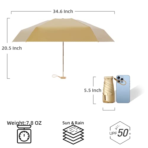 ESUFEIR Mini Travel Sun Umbrella for Purse,Small Compact UV Umbrella UV Blocker,Lightweight Portable Umbrella for Sun and Rain,Cute Parasol Umbrella UV Protection for Women Men Kids (Golden & Pink)