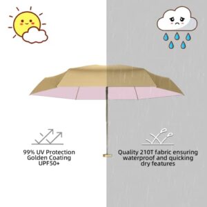 ESUFEIR Mini Travel Sun Umbrella for Purse,Small Compact UV Umbrella UV Blocker,Lightweight Portable Umbrella for Sun and Rain,Cute Parasol Umbrella UV Protection for Women Men Kids (Golden & Pink)