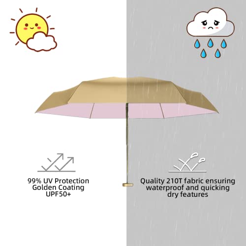 ESUFEIR Mini Travel Sun Umbrella for Purse,Small Compact UV Umbrella UV Blocker,Lightweight Portable Umbrella for Sun and Rain,Cute Parasol Umbrella UV Protection for Women Men Kids (Golden & Pink)