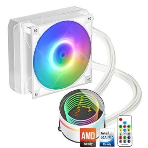 dracaena 120mm aio cpu cooler, 120mm radiator, 120mm argb pwm fans, color change remote, leakproof technology,high flow pump, argb liquid cooling system, amd am5/am4 -intel lga 1700/1200/115x, white