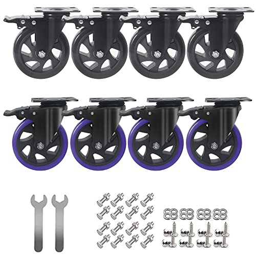 5 Inch Swivel Caster Wheels Set of 8, Heavy Duty Casters with Brake, Polyurethane Locking Casters for Cart, Workbench and Trolley-Load 2200lbs, Black(Two Hardware Kits)