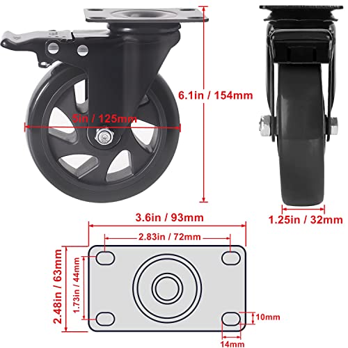 5 Inch Swivel Caster Wheels Set of 8, Heavy Duty Casters with Brake, Polyurethane Locking Casters for Cart, Workbench and Trolley-Load 2200lbs, Black(Two Hardware Kits)