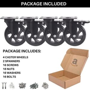 5 Inch Swivel Caster Wheels Set of 8, Heavy Duty Casters with Brake, Polyurethane Locking Casters for Cart, Workbench and Trolley-Load 2200lbs, Black(Two Hardware Kits)