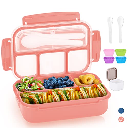 QQKO Bento Box Adult Lunch Box, Lunch Containers for Adults, 1200 ML Food Container With 4 Compartments, Including 4 Muffin Cups, Utensils Set, Sauce Jar, Leak-Proof, Microwave, Dishwasher Safe, Pink