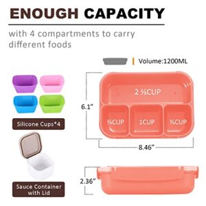 QQKO Bento Box Adult Lunch Box, Lunch Containers for Adults, 1200 ML Food Container With 4 Compartments, Including 4 Muffin Cups, Utensils Set, Sauce Jar, Leak-Proof, Microwave, Dishwasher Safe, Pink