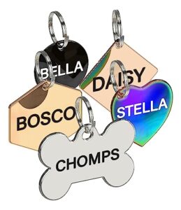 dr. fremont's stainless steel custom pet id personalized engraved identification cat and dog tags with custom text, many shapes including bone, heart, circle (gold stainless steel, large bone)