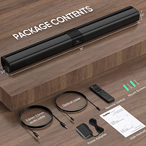 RIOWOIS Sound Bars for TV with Bluetooth and HDMI-ARC/Optical/AUX Connection, 31 Inches Immersive Surround Sound System with 4*Full-Range Speakers for TV/Home Theater/Projector, Wall Mountable.