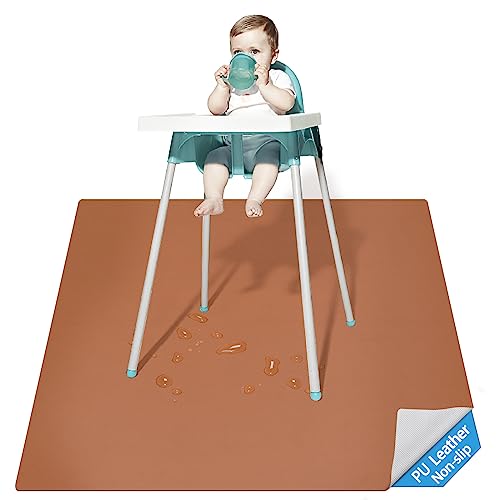 Splat Mat for Under High Chair, 51in PU Waterproof Dirt-Proof Anti-Slip High Chair Mat, Washable Multipurpose Splash Mat Floor Protector Tablecloth Portable Picnic Mat (Brown)