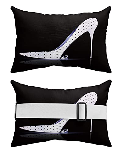 HilariousM High Heels Shoes Diamond Outdoor Pillows for Chaise Lounge Chair, White Black Waterproof Lumbar Head Support Pillow with Adjustable Elastic Band for Pool Patio Furniture Decorative