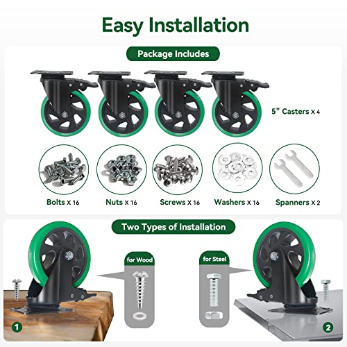 5 Inch Caster Wheels, Casters Set of 4 Heavy Duty, BZOLIHEU Locking Casters, Silent Top Plate Swivel Casters with Brake, Polyurethane Castor Wheels for Furniture and Workbench Cart, Green