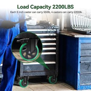 5 Inch Caster Wheels, Casters Set of 4 Heavy Duty, BZOLIHEU Locking Casters, Silent Top Plate Swivel Casters with Brake, Polyurethane Castor Wheels for Furniture and Workbench Cart, Green