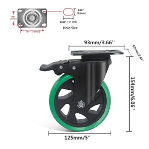 5 Inch Caster Wheels, Casters Set of 4 Heavy Duty, BZOLIHEU Locking Casters, Silent Top Plate Swivel Casters with Brake, Polyurethane Castor Wheels for Furniture and Workbench Cart, Green