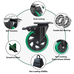 5 Inch Caster Wheels, Casters Set of 4 Heavy Duty, BZOLIHEU Locking Casters, Silent Top Plate Swivel Casters with Brake, Polyurethane Castor Wheels for Furniture and Workbench Cart, Green