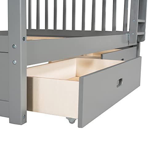 BIADNBZ Full Over Full Bunk Bed with Two Storage Drawers, Solid Wood Bedframe w/Ladders Guard Rail, Convertible to 2 Beds, for Kids Teens Dorm Bedroom Guest Room, No Box Spring Needed,Gray-D