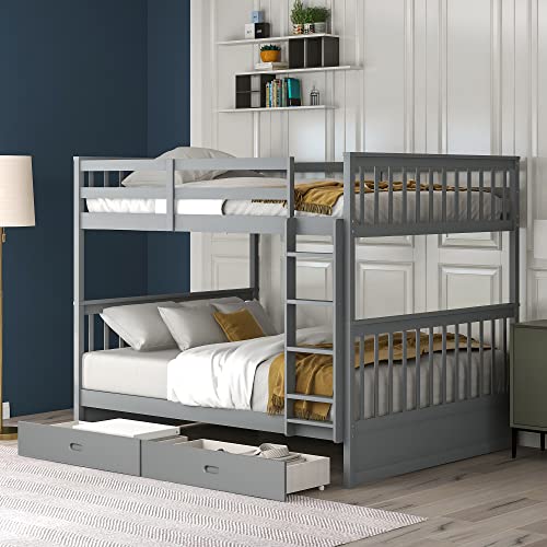 BIADNBZ Full Over Full Bunk Bed with Two Storage Drawers, Solid Wood Bedframe w/Ladders Guard Rail, Convertible to 2 Beds, for Kids Teens Dorm Bedroom Guest Room, No Box Spring Needed,Gray-D