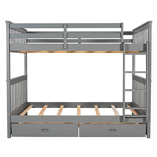 BIADNBZ Full Over Full Bunk Bed with Two Storage Drawers, Solid Wood Bedframe w/Ladders Guard Rail, Convertible to 2 Beds, for Kids Teens Dorm Bedroom Guest Room, No Box Spring Needed,Gray-D