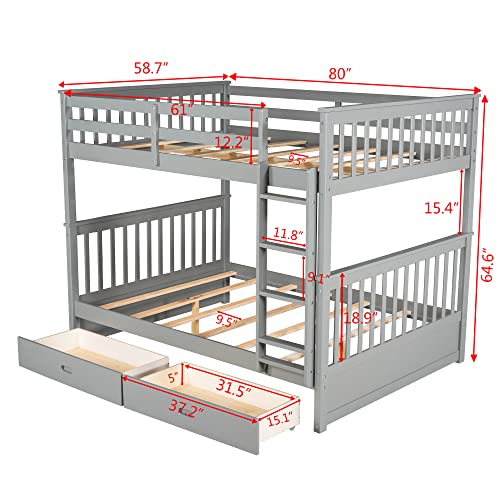 BIADNBZ Full Over Full Bunk Bed with Two Storage Drawers, Solid Wood Bedframe w/Ladders Guard Rail, Convertible to 2 Beds, for Kids Teens Dorm Bedroom Guest Room, No Box Spring Needed,Gray-D