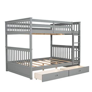 BIADNBZ Full Over Full Bunk Bed with Two Storage Drawers, Solid Wood Bedframe w/Ladders Guard Rail, Convertible to 2 Beds, for Kids Teens Dorm Bedroom Guest Room, No Box Spring Needed,Gray-D