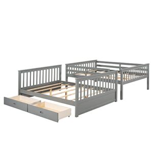 BIADNBZ Full Over Full Bunk Bed with Two Storage Drawers, Solid Wood Bedframe w/Ladders Guard Rail, Convertible to 2 Beds, for Kids Teens Dorm Bedroom Guest Room, No Box Spring Needed,Gray-D