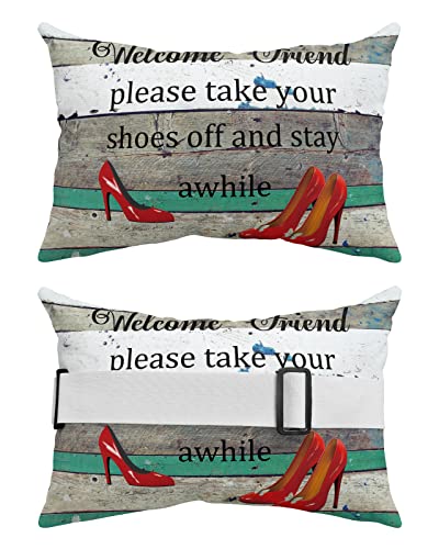 HilariousM Rustic Country Style Wooden Outdoor Pillows for Chaise Lounge Chair, Red High Heels Waterproof Lumbar Head Support Pillow with Adjustable Elastic Band for Pool Patio Furniture Decorative