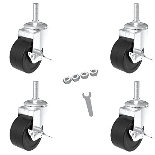 2-Inch Casters, Caster Wheels Set of 4, Threaded Stem Rubber Casters (Screw Diameter 1/4"-20, Length 1") for Wire Shelves Rack Legs and Furniture Castors Replacement with Locking Brakes