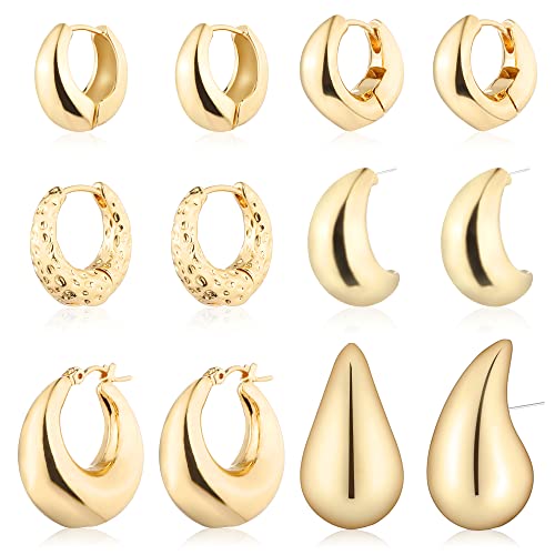 Wgoud Gold Hoop Earrings for Women, Chunky Lightweight Waterdrop Thick Open Hoop Earrings, Hypoallergenic Huggie Hoops Earrings Jewelry Gifts for Women Girls. (6 gold hoops)