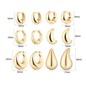 Wgoud Gold Hoop Earrings for Women, Chunky Lightweight Waterdrop Thick Open Hoop Earrings, Hypoallergenic Huggie Hoops Earrings Jewelry Gifts for Women Girls. (6 gold hoops)