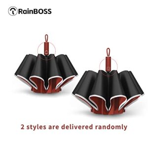 RainBOSS Automatic Travel Umbrella with 10 Ribs, Large Windproof Umbrellas for Rain & Sun, Compact Folding Inverted Umbrella with Reflective Stripe, Wine red