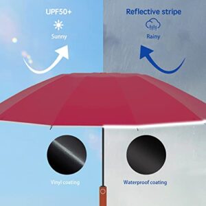 RainBOSS Automatic Travel Umbrella with 10 Ribs, Large Windproof Umbrellas for Rain & Sun, Compact Folding Inverted Umbrella with Reflective Stripe, Wine red