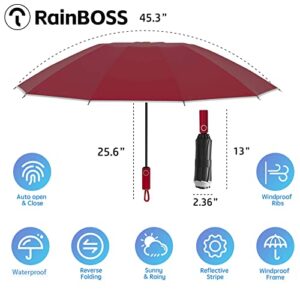 RainBOSS Automatic Travel Umbrella with 10 Ribs, Large Windproof Umbrellas for Rain & Sun, Compact Folding Inverted Umbrella with Reflective Stripe, Wine red