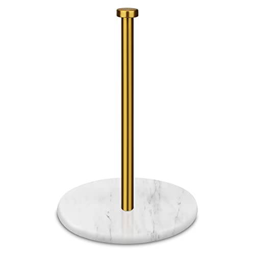 HESHIBI Paper Towel Holder Countertop with 7" Weighted White Marble Base - Modern Free Standing Paper Roll Holder, Brushed Gold Stainless Steel Stand Paper Towel Holder for Kitchen and Bathroom