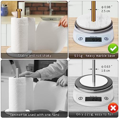 HESHIBI Paper Towel Holder Countertop with 7" Weighted White Marble Base - Modern Free Standing Paper Roll Holder, Brushed Gold Stainless Steel Stand Paper Towel Holder for Kitchen and Bathroom