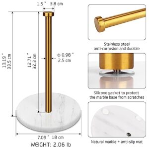 HESHIBI Paper Towel Holder Countertop with 7" Weighted White Marble Base - Modern Free Standing Paper Roll Holder, Brushed Gold Stainless Steel Stand Paper Towel Holder for Kitchen and Bathroom