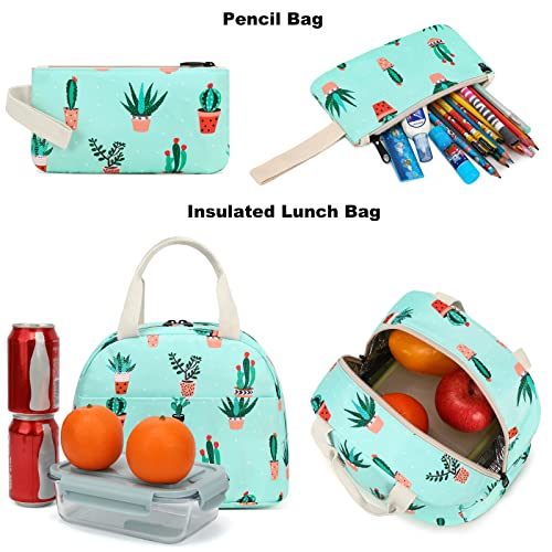 Esfoxes Cactus School Backpack for Girls, Kids Teens School Bags Bookbags Set with Lunch Bag Pencil Bag