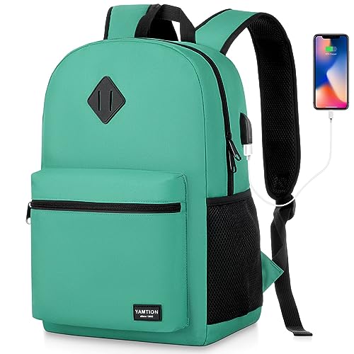 YAMTION School Backpack for Teens,Green Bookbag Classic Backpack with USB Port for High School College Students