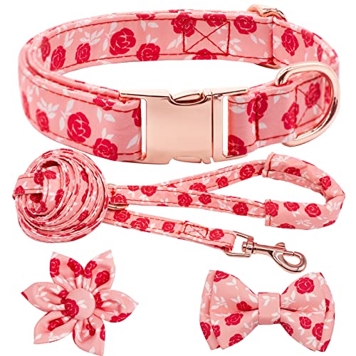 Hilkycton Dog Collar and Leash Set with Flower Bow Tie Girls Dog Collar Dog Tag Metal Buckle Adjustable for Small Medium Large Dogs Pink Roses-S