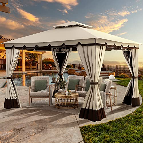 YITAHOME 10x12ft Gazebo for Patios Outdoor Double Roof Canopy Gazebo with Netting & Curtains, Soft Fabric Top Garden Winds Tent with Steel Frame for Lawn, Garden, Backyard and Deck (Khaki)