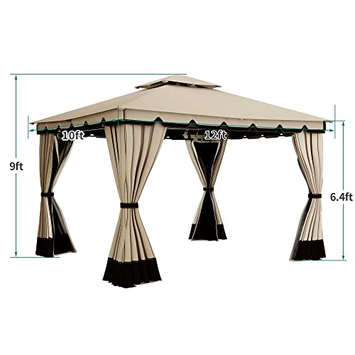 YITAHOME 10x12ft Gazebo for Patios Outdoor Double Roof Canopy Gazebo with Netting & Curtains, Soft Fabric Top Garden Winds Tent with Steel Frame for Lawn, Garden, Backyard and Deck (Khaki)